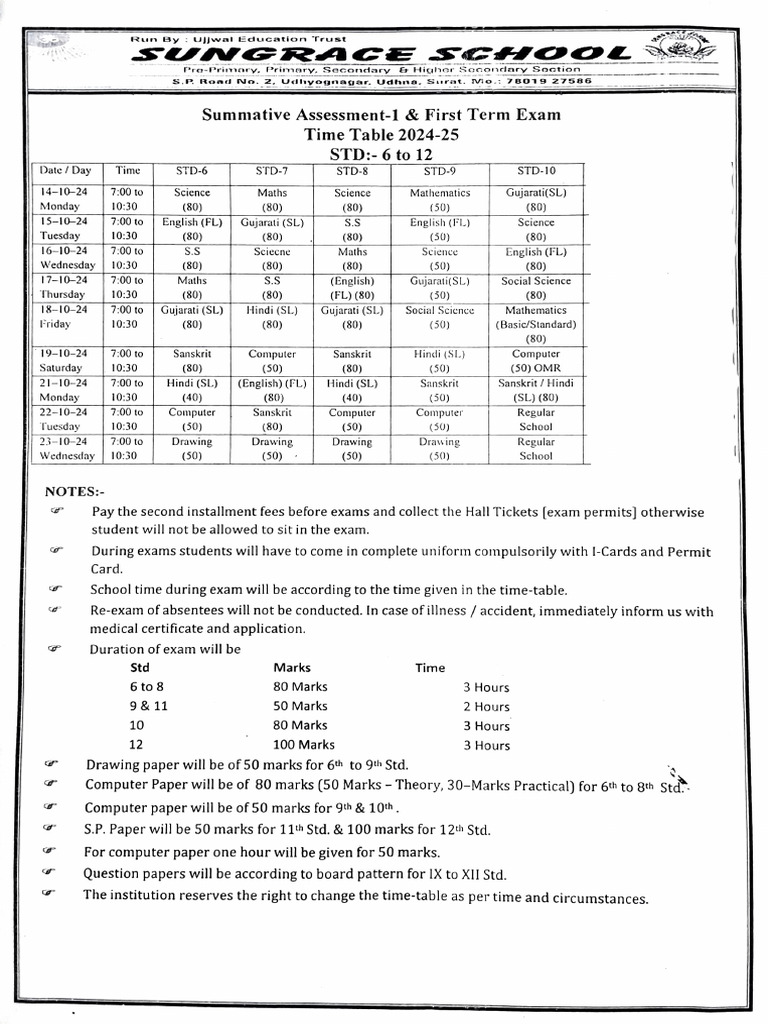 SA 1 Time Table 2024-1 | PDF