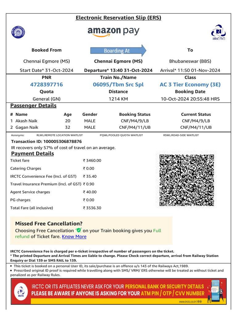 Chennai Train Ticket Payment Details | PDF | Identity Document | Payments