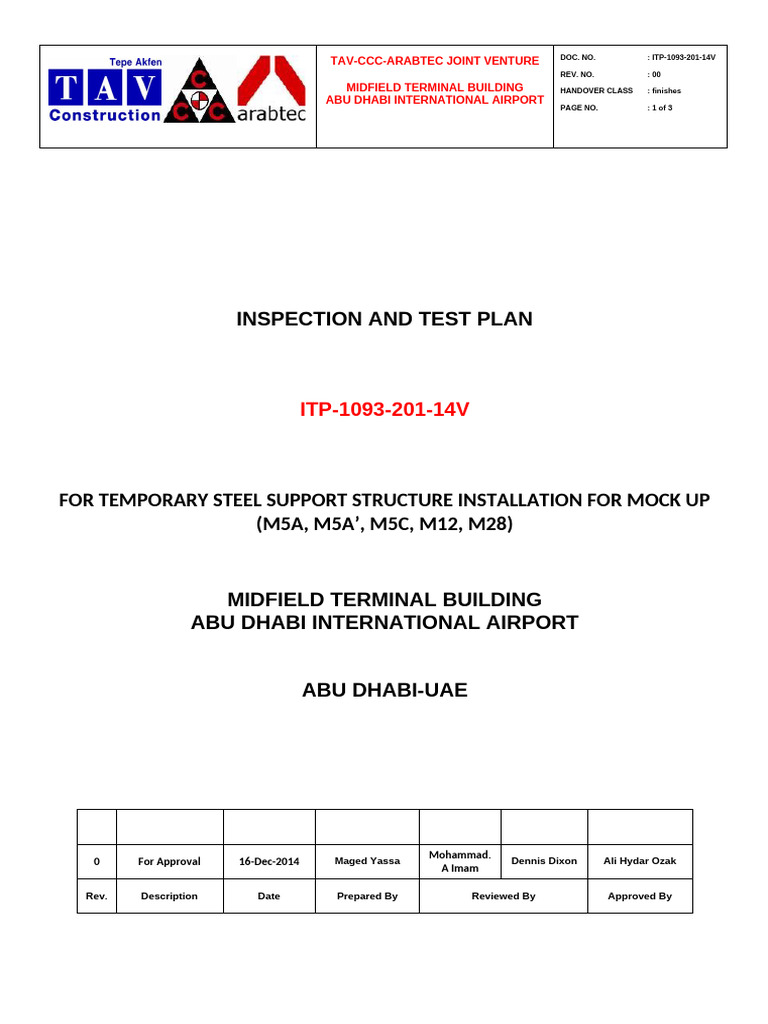 Itp-Temporary Steel Support Structure Installation For Mock Up ( | PDF | Civil Engineering