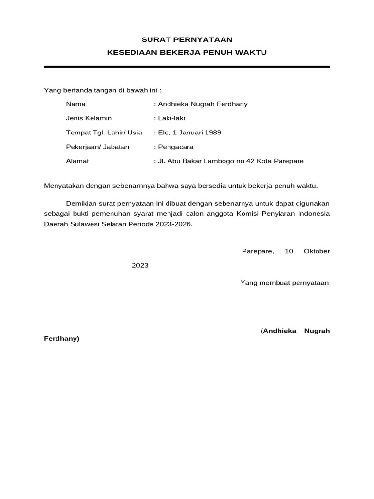 Form Surat Pernyataan Kesediaan Bekerja Penuh Waktu | PDF