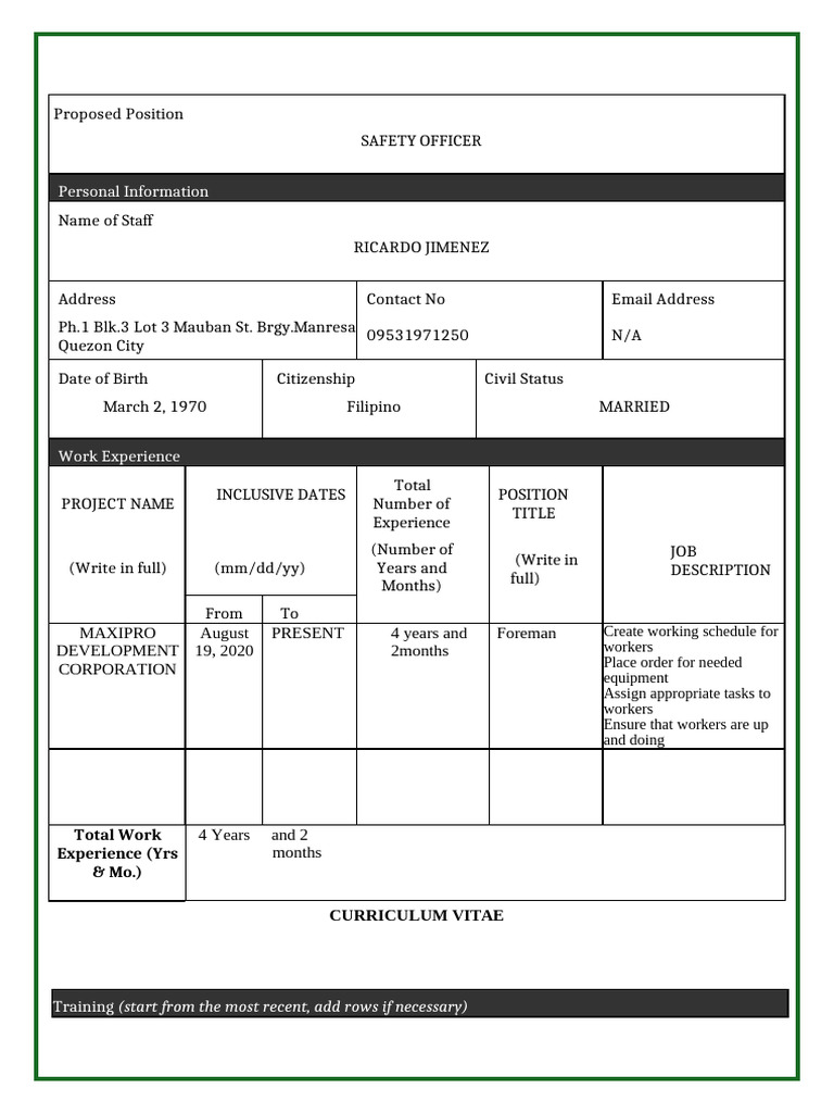 Safety Officer Resume of Ricardo Jimenez | PDF | Mechanical Engineering ...