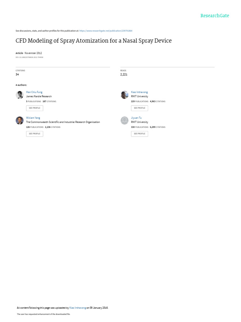 CFD Modeling of Spray Atomization For A Nasal Spray Device: November ...