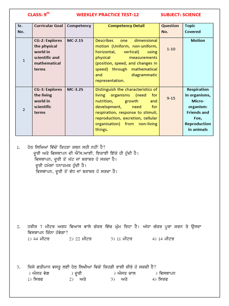 C-9 Science Practice Sheet-12 | PDF | Speed