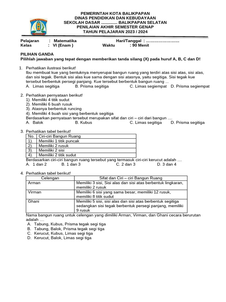 Soal PAT MTK KLS 6 SMT 2 TH 2024 | PDF