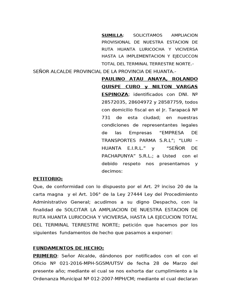 Solicitamos Ampliacion Provisional de Nuestra Estacion de Ruta | PDF