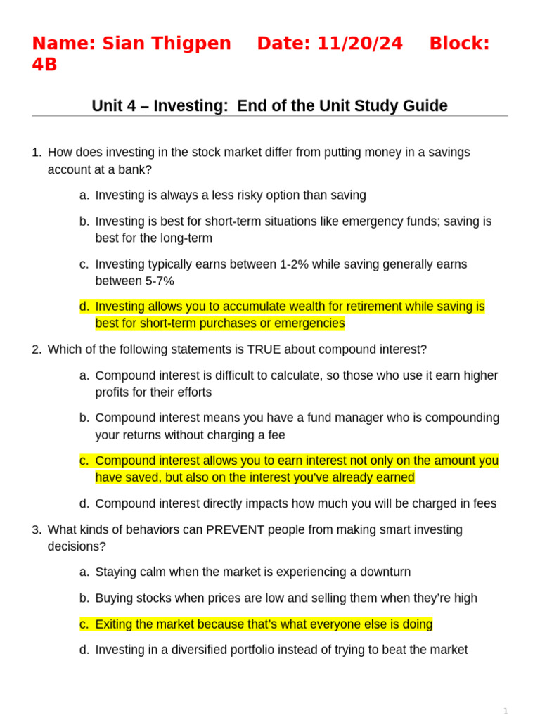 Unit 4 - Investing - Study Guide - EOU Assessment - 24-25 | PDF | Bonds ...
