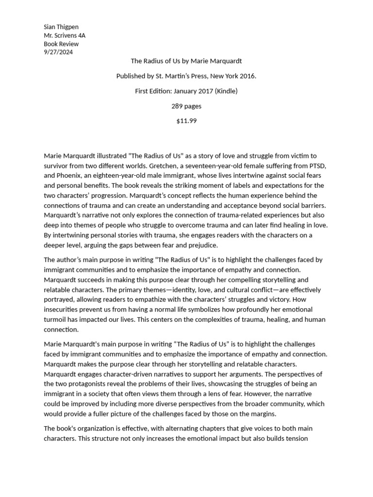 The Radius of Us by Marie Marquardt Essay Template | PDF | Psychological Trauma | Empathy
