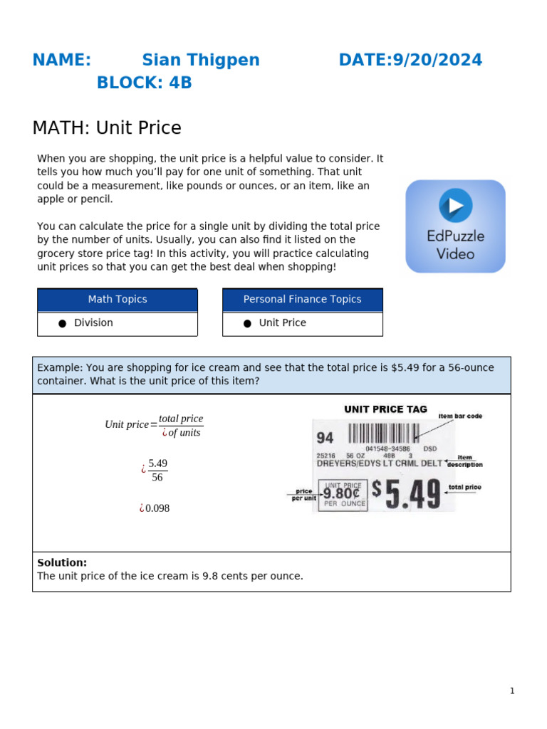 Unit Price Worksheet | PDF | Prices | Grocery Store