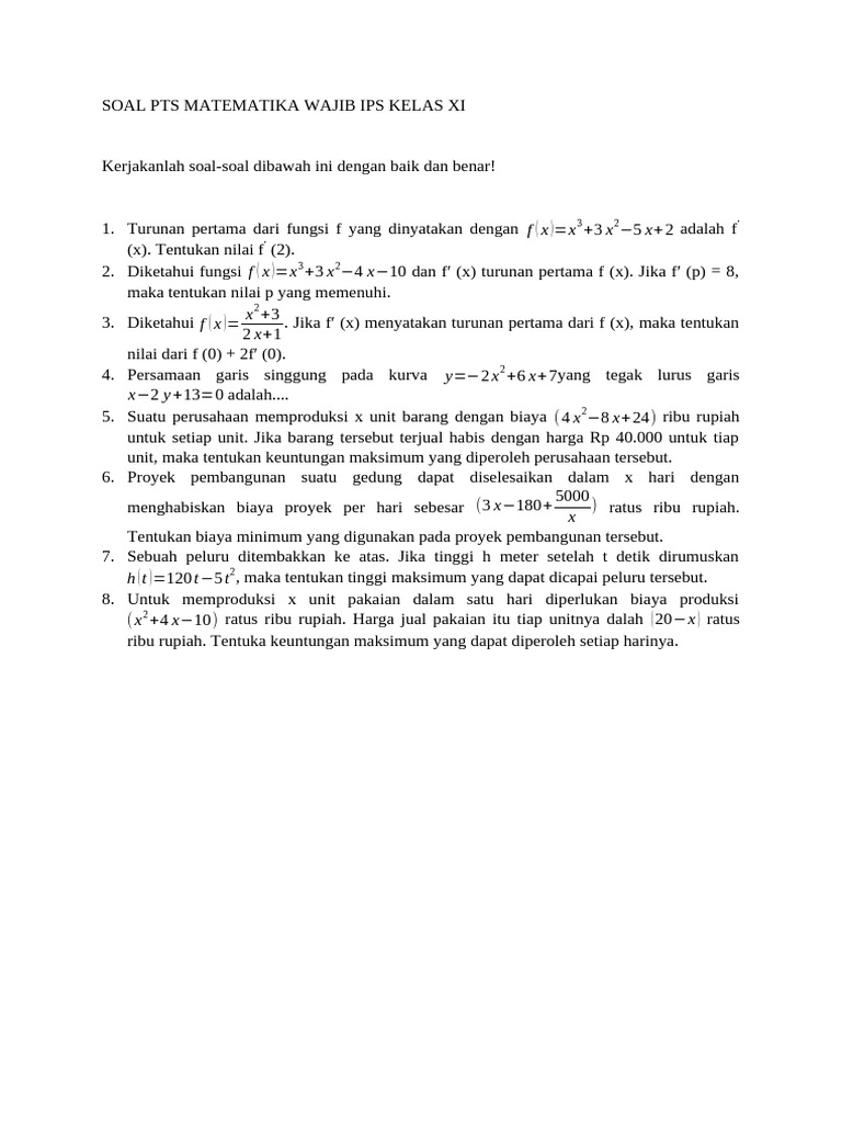 Soal Pts Matematika Wajib Ips Kelas Xi | PDF