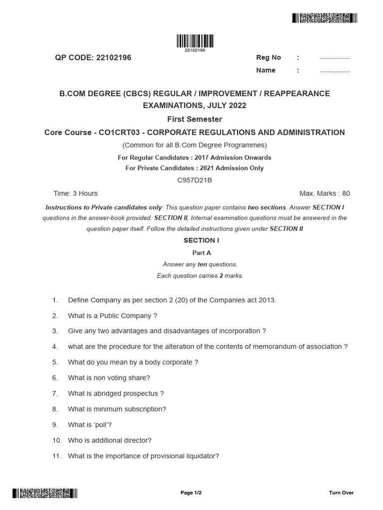 QP CODE: 22102196: Reg No: Name | PDF | Liquidation | Justice