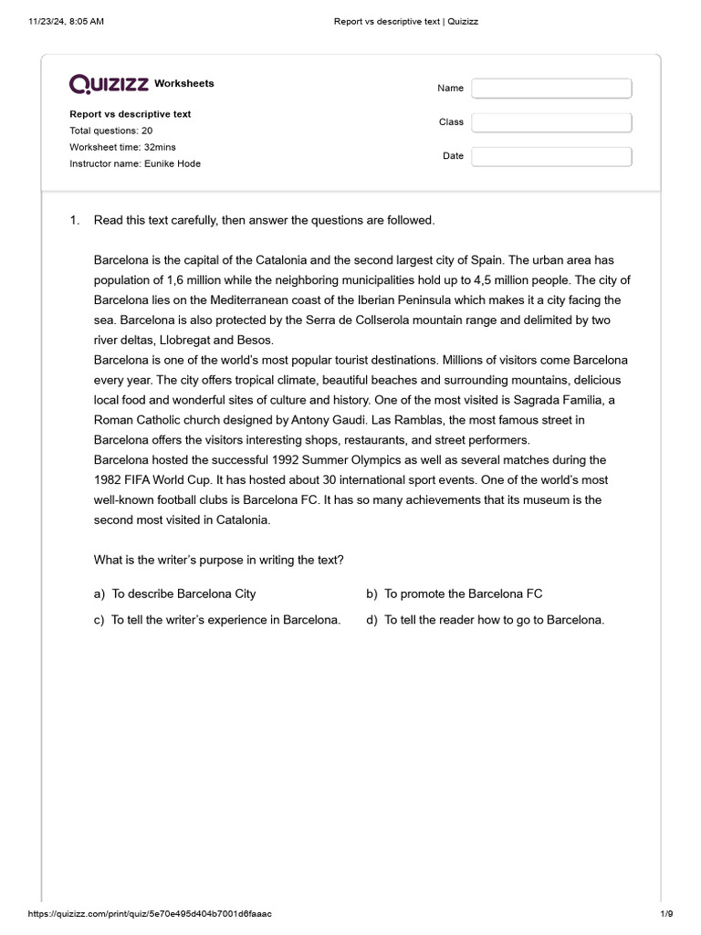 Report Vs Descriptive Text Quizizz Pdf Barcelona Calculator
