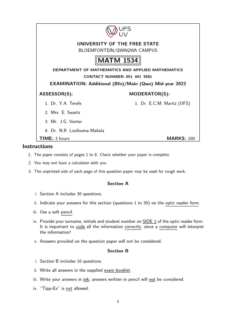 UFS Mathematics Mid-Year Exam 2022 | PDF | Mathematics | Tests