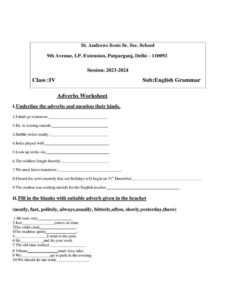 English Grammar - Adverbs Worksheet (IV) 2023-24 | PDF