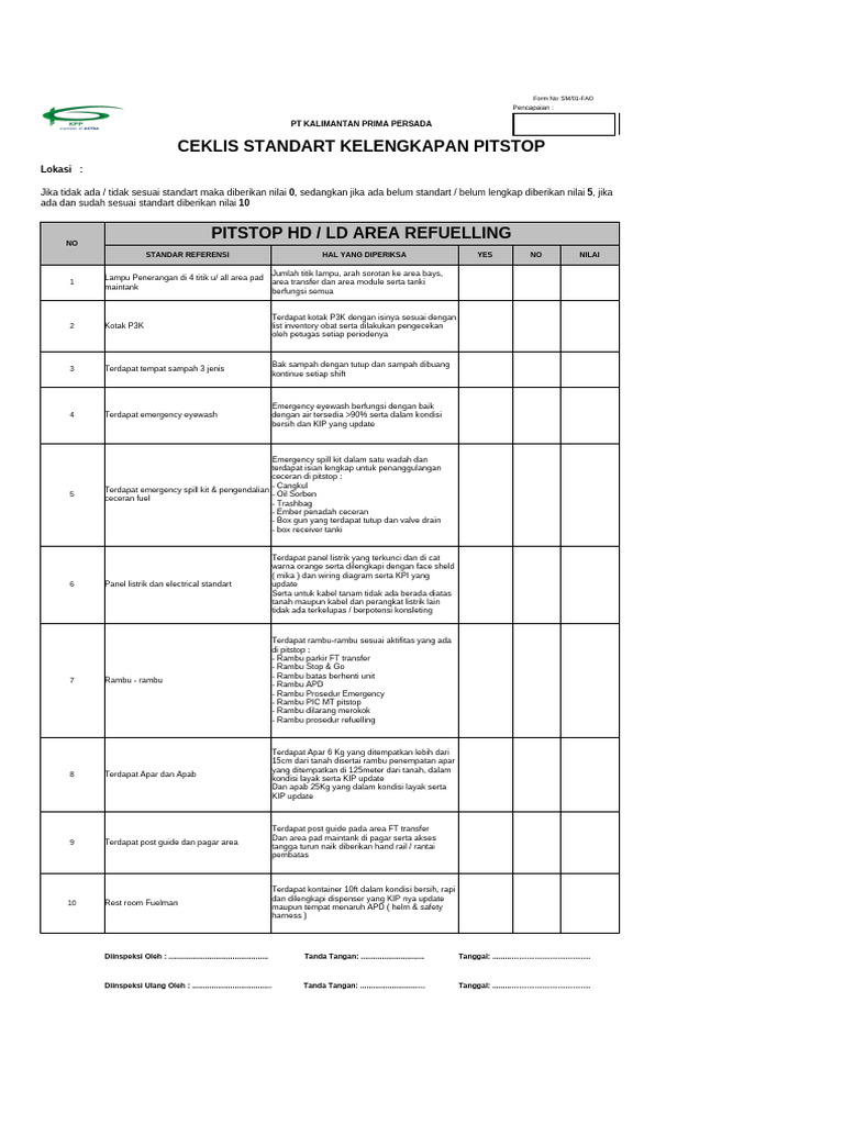 Form Ceklist Standarisasi Pitstop | PDF