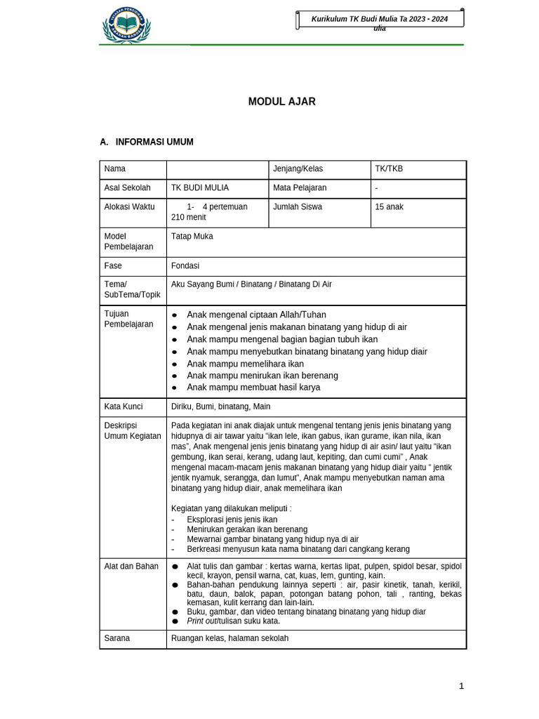 Modul Ajar AKU SAYANG BUMI BINATANG DI AIR TK 2023-2024 | PDF