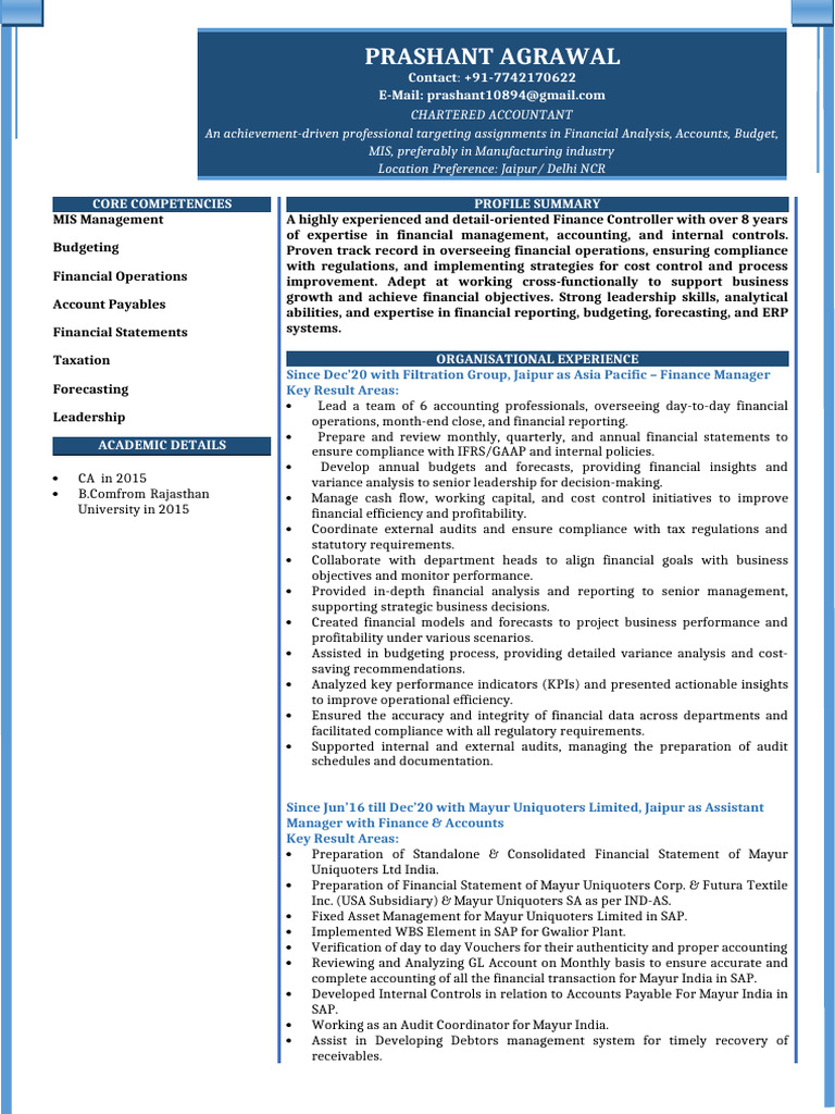 New CV of Prashant Agrawal | PDF | Audit | Financial Statement