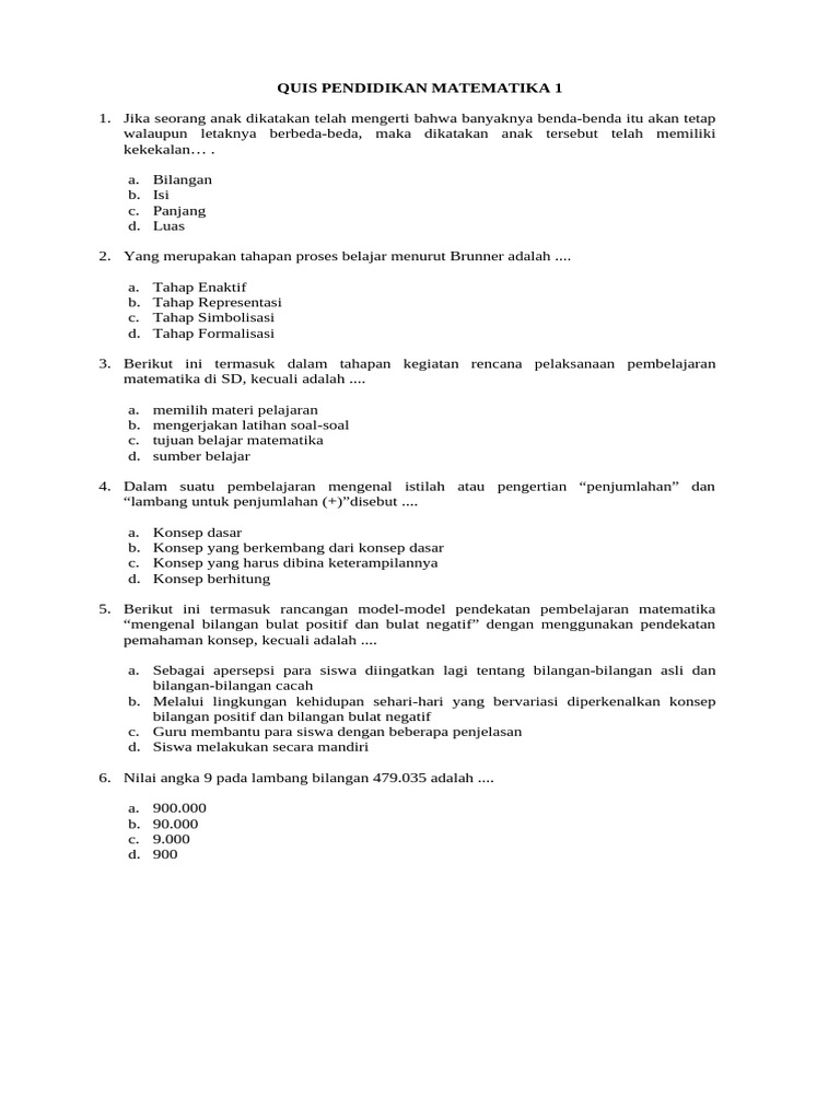 Quis Pendidikan Matematika 1 | PDF | Metode & Bahan Ajar