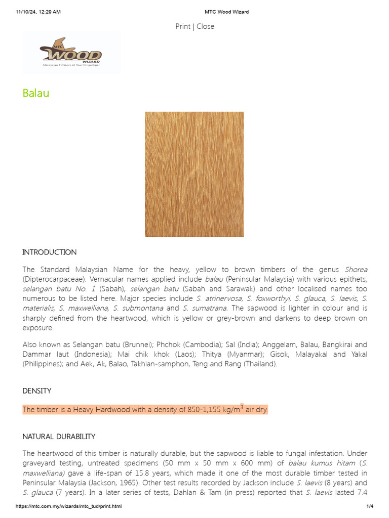 Balau Timber: Properties and Uses | PDF