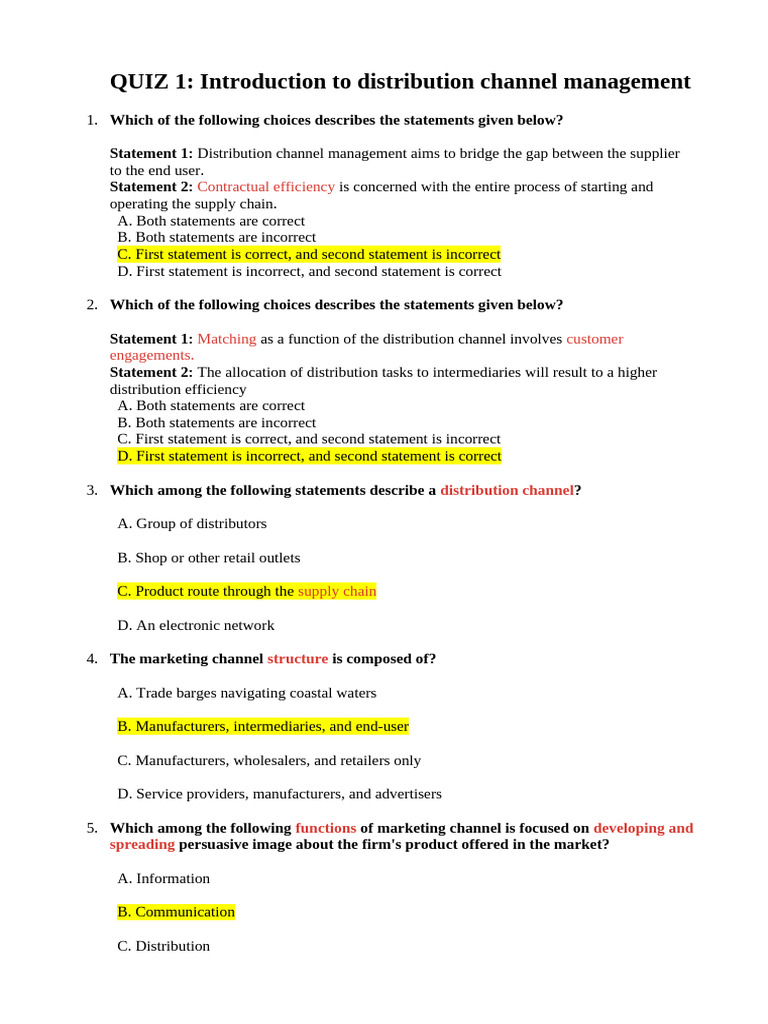 Distribution Channel Management Quiz | PDF | Pricing | Brand