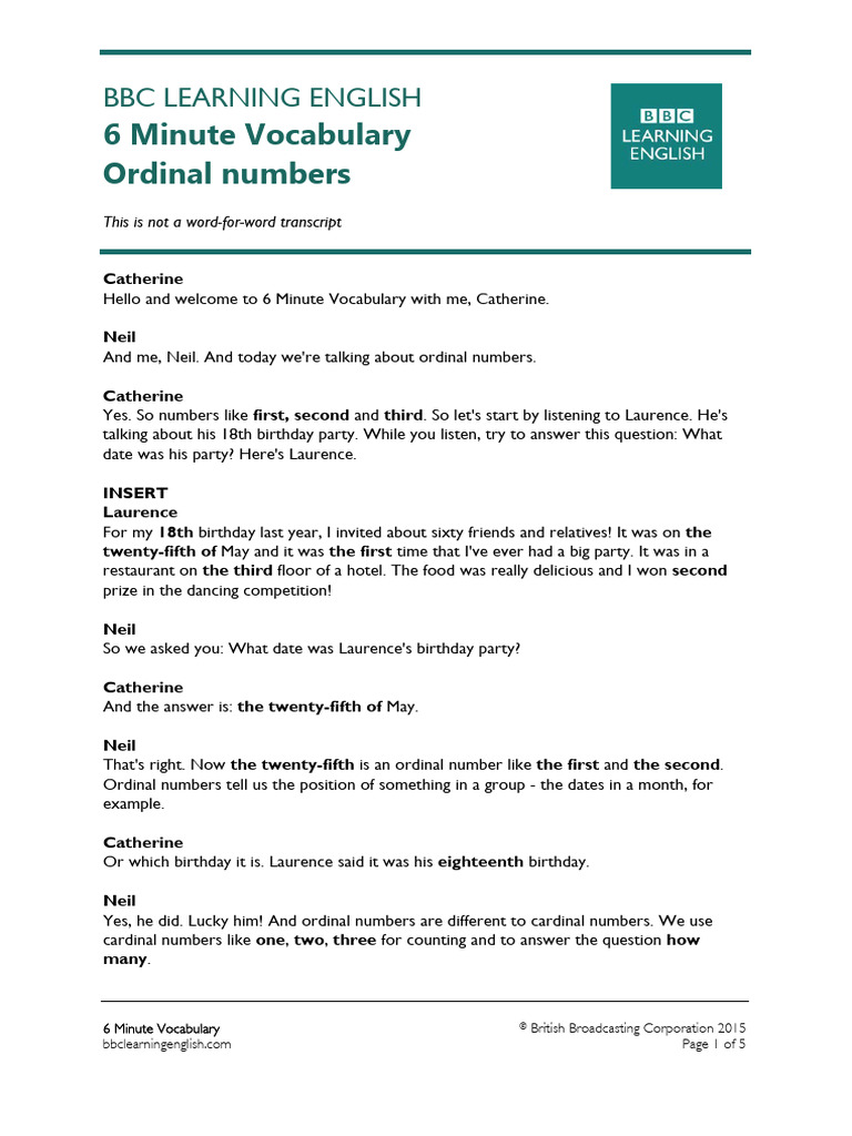 b2 U5 6min Vocab Ordinal Numbers | PDF | Adjective | Languages