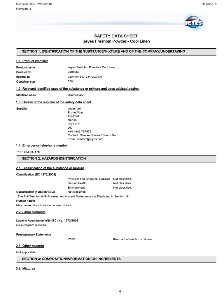 Safety Data Sheet Jeyes Freshbin Powder - Cool Linen | PDF | Chemical ...