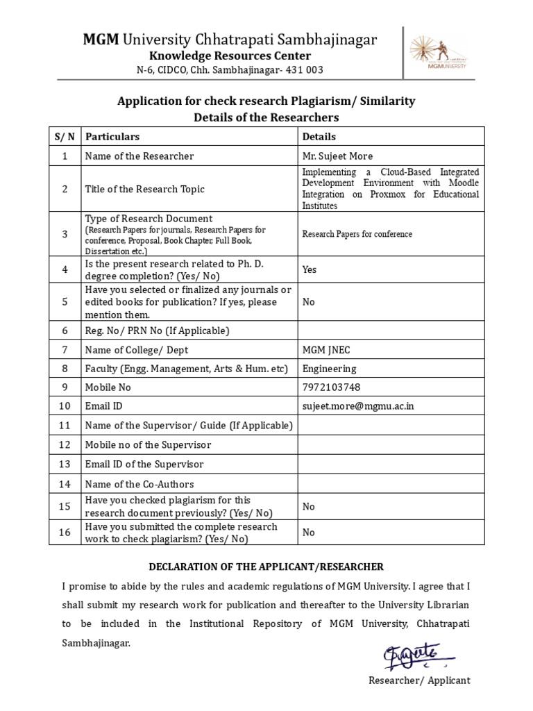 Declaration Form To Check Plagiarism | PDF
