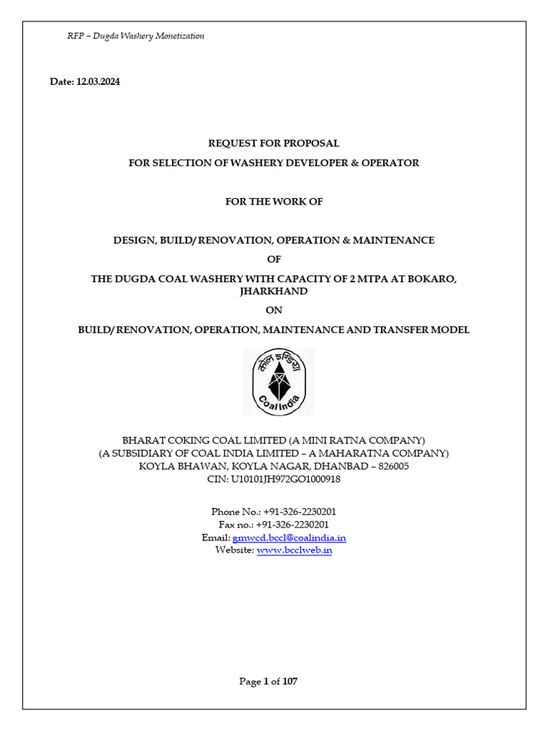 RFP for Dugda Coal Washery Project | PDF | Water Supply | Request For ...