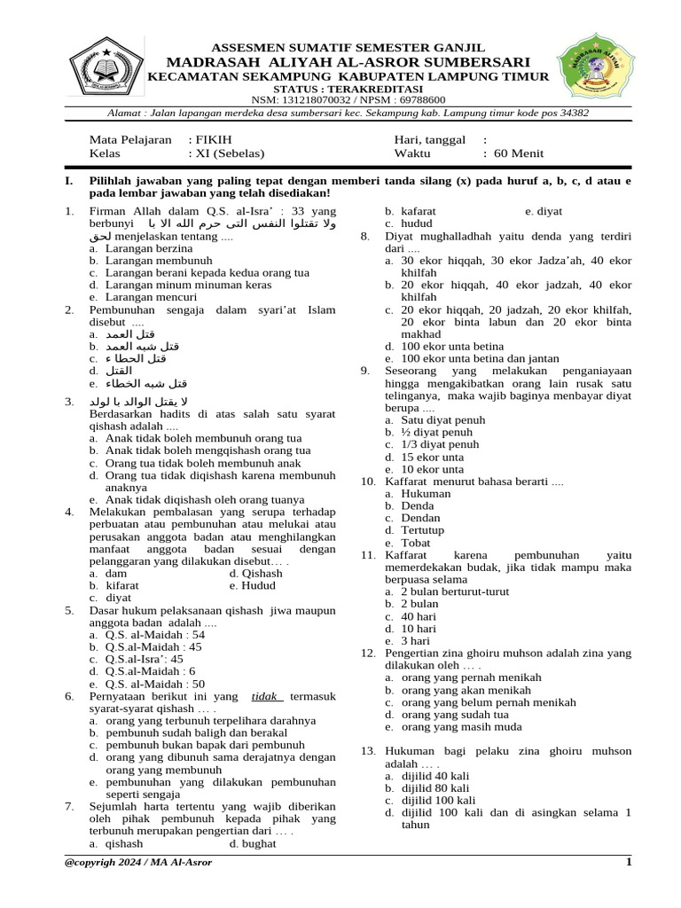 SOAL PAS FIKIH XI Ganjil | PDF