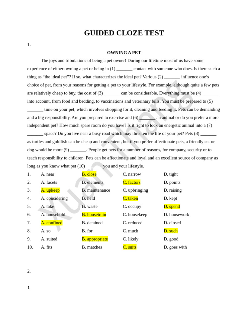 Guided Cloze Test: Owning A Pet | PDF | Permaculture | Rain
