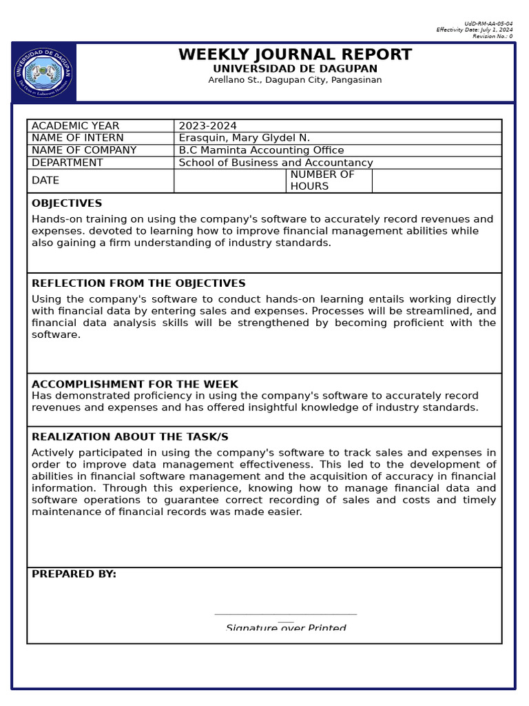 Weekly Journal Report: Intern Experience | PDF | Career & Growth | Business