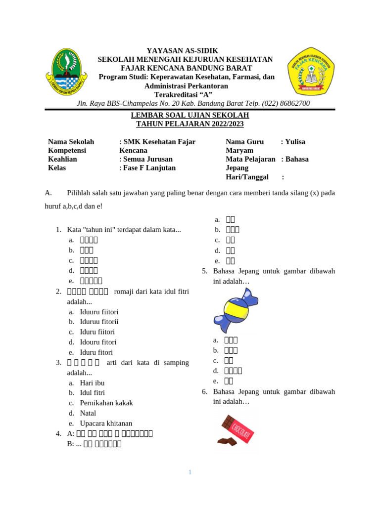 Soal SAS B Jepang Kelas 12 | PDF