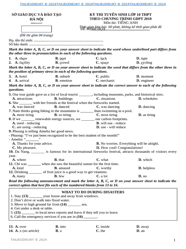 De Thi Minh Hoa Tieng Anh Vao Lop 10 Ha Noi Nam 2025 Chuong Trinh GDPT 2018 | PDF | English ...