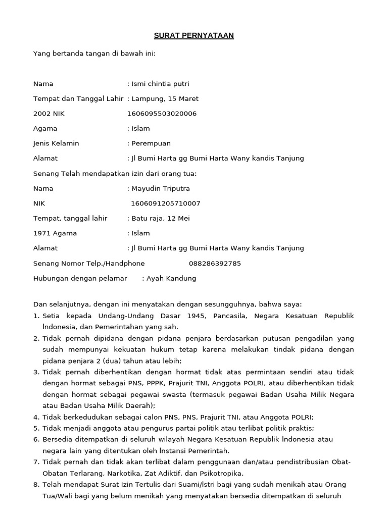 Surat Pernyataan CPNS WRD | PDF