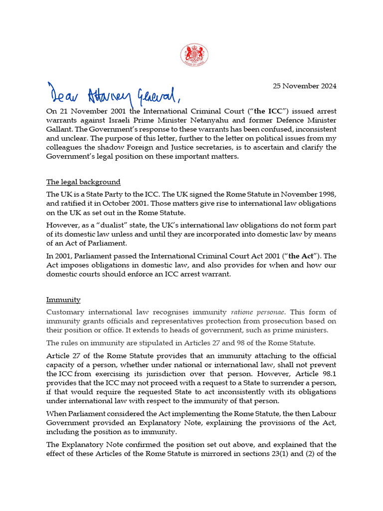 Letter To The Attorney General About ICC Arrest Warrants | PDF ...