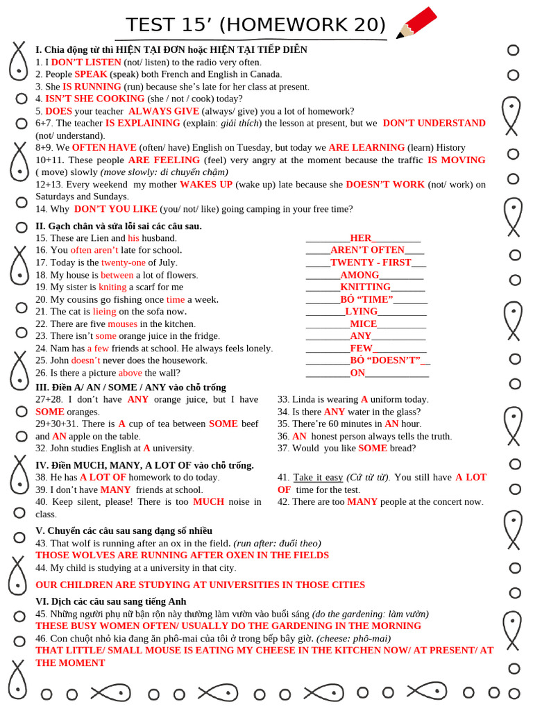 Test 15' (Homework 20) : (move slowly: di chuyển chậm) | PDF