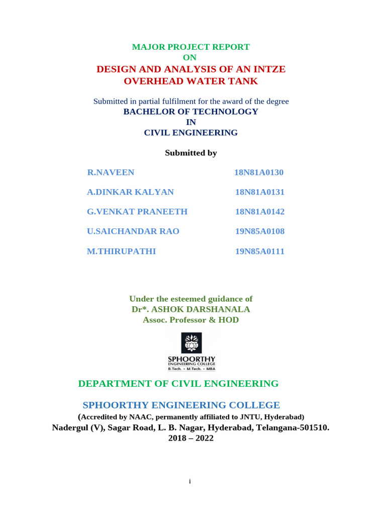 Intze Overhead Water Tank Design Report | PDF | Beam (Structure) | Column