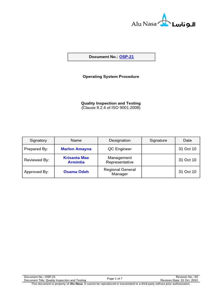 OSP-21 - R3 Quality Inspection and Testing (Procedure) | PDF | Quality ...