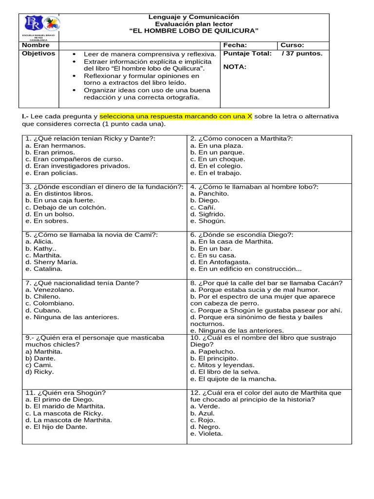 Evaluación sobre "El Hombre Lobo" | PDF