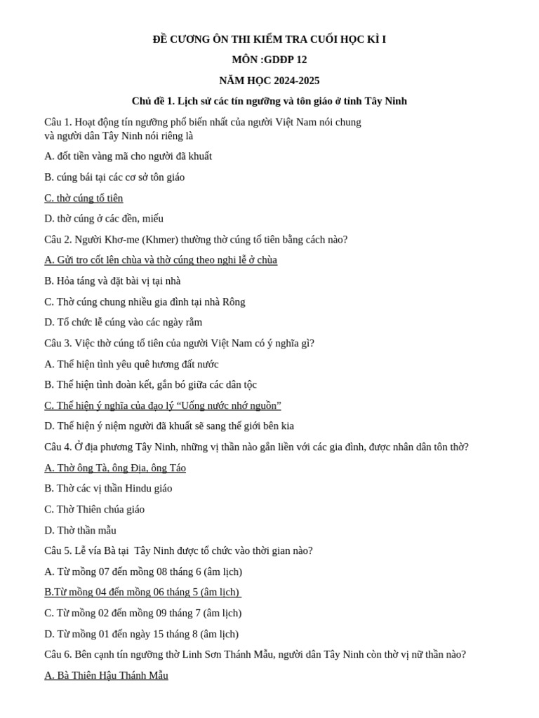 ĐỀ CƯƠNG KIỂM TRA CUỐI KÌ 1, GDĐP 12 (2024-2025) | PDF