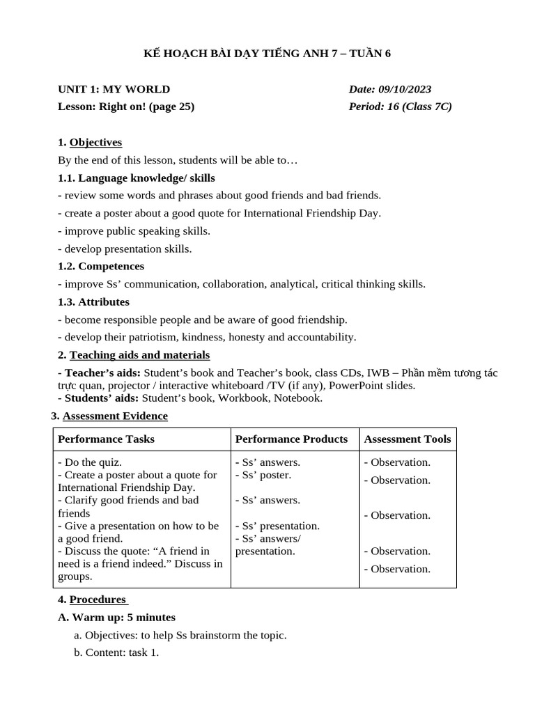 KH Bai Day Tieng Anh 7 Tuan 6 | PDF | Human Communication | Linguistics