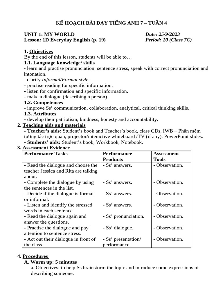 KH Bai Day Tieng Anh 7 Tuan 4 | PDF | Question | Verb