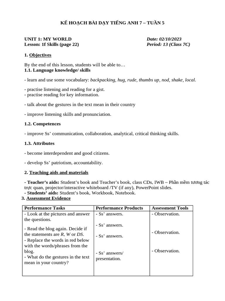 KH Bai Day Tieng Anh 7 Tuan 5 | PDF | Gesture | Human Communication