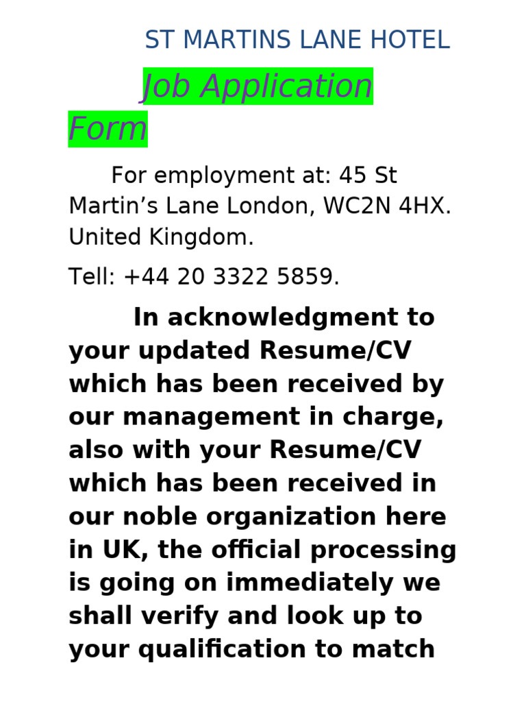 ST Martins Hotel Job Application Form | PDF | Career & Growth | Finance ...