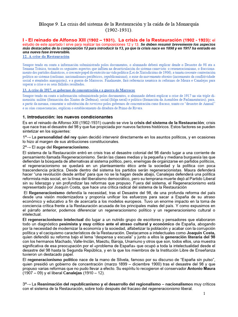 Bloque 9. La Crisis Del Sistema de La Restauración y La Caída de La Monarquía (1902-1931) | PDF ...
