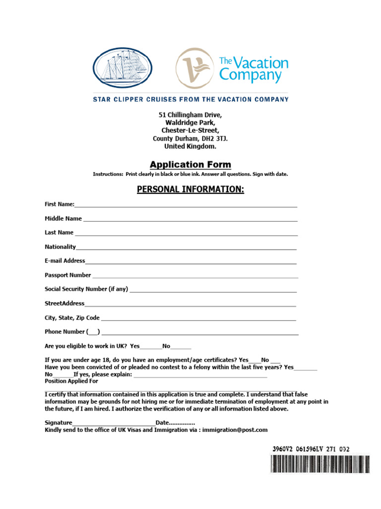 Star Clipper Cruises Application Form!. | PDF
