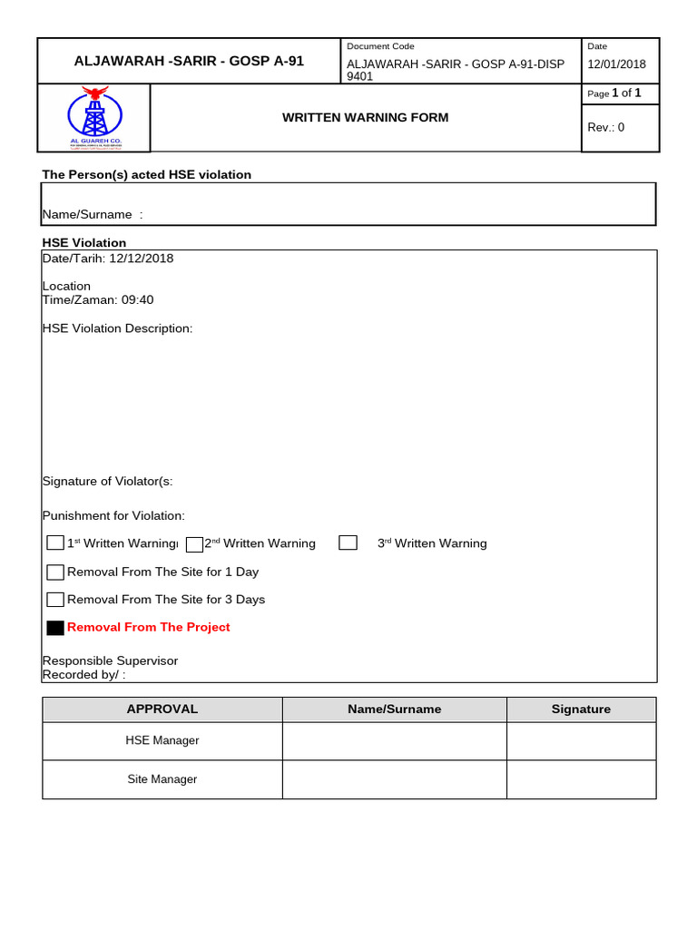 HSE Violation Written Warning Form | PDF