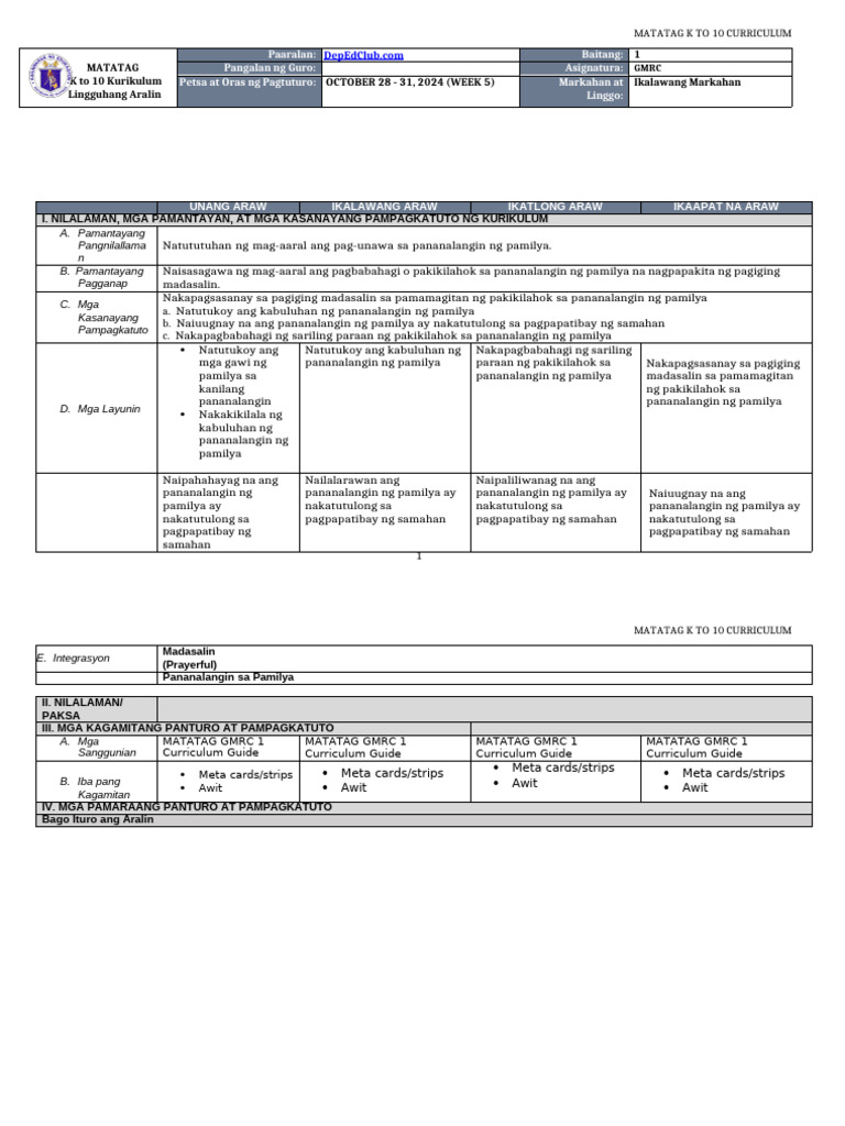 DLL Matatag - GMRC 1 - Q2 - W5 | PDF