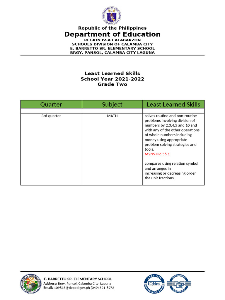 Least Learned Competencies Math 2 | PDF