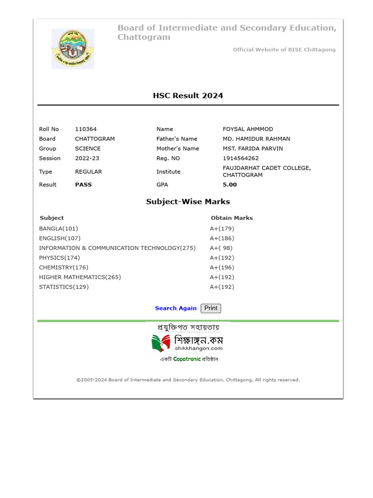 HSC Result BISE Chittagong | PDF