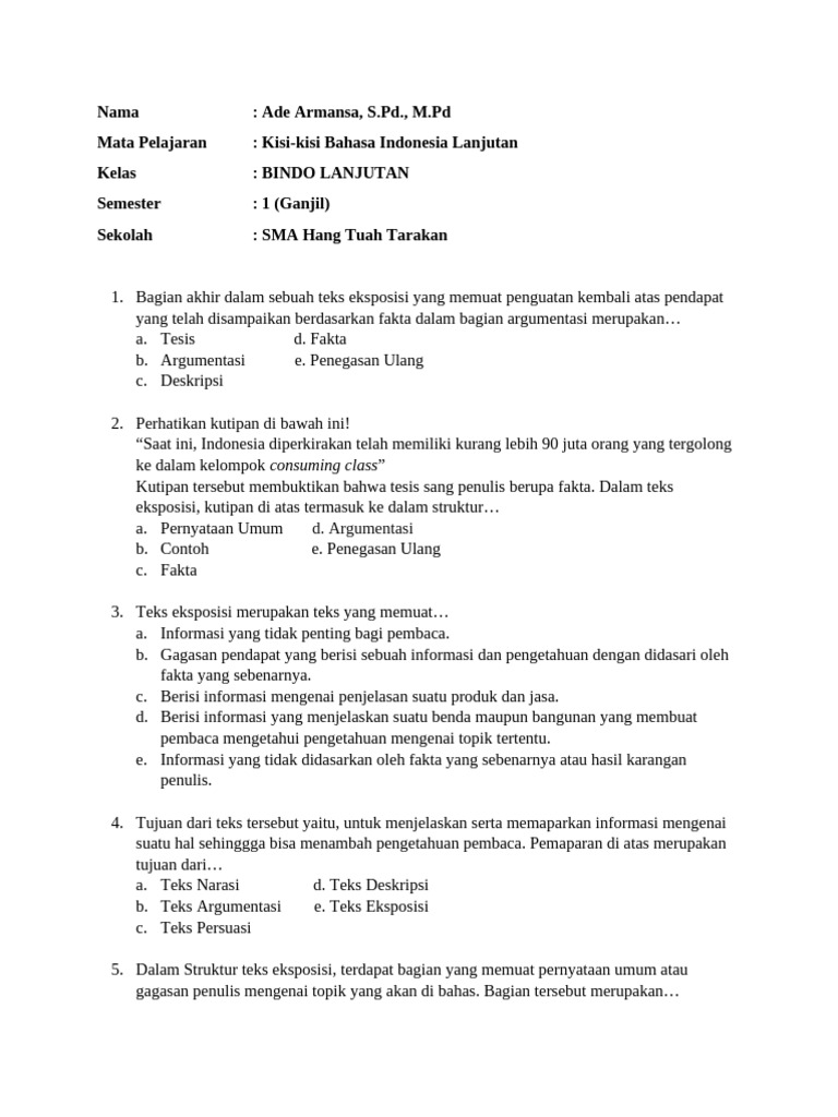 Kisi-Kisi Bindo Lanjutan Seester Ganjil 2024-2025 | PDF